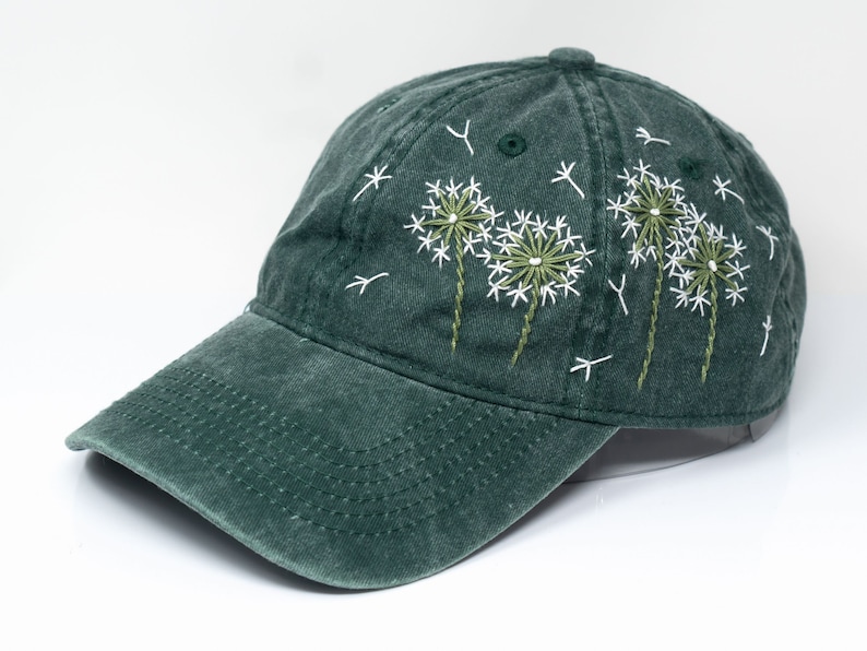 Wash Cotton Baseball Cap, Hand Embroidered Dandelion Garden Hat, Curved ...