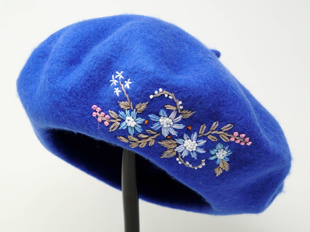 Handmade Hand Embroidered Blue Flower 100% Wool Beret Hat, Warm Winter ...