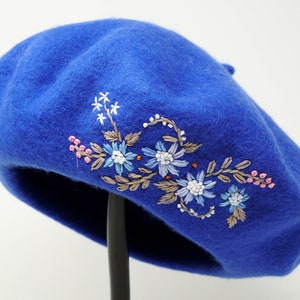 Handmade Hand Embroidered Blue Flower 100% Wool Beret Hat, Warm Winter ...