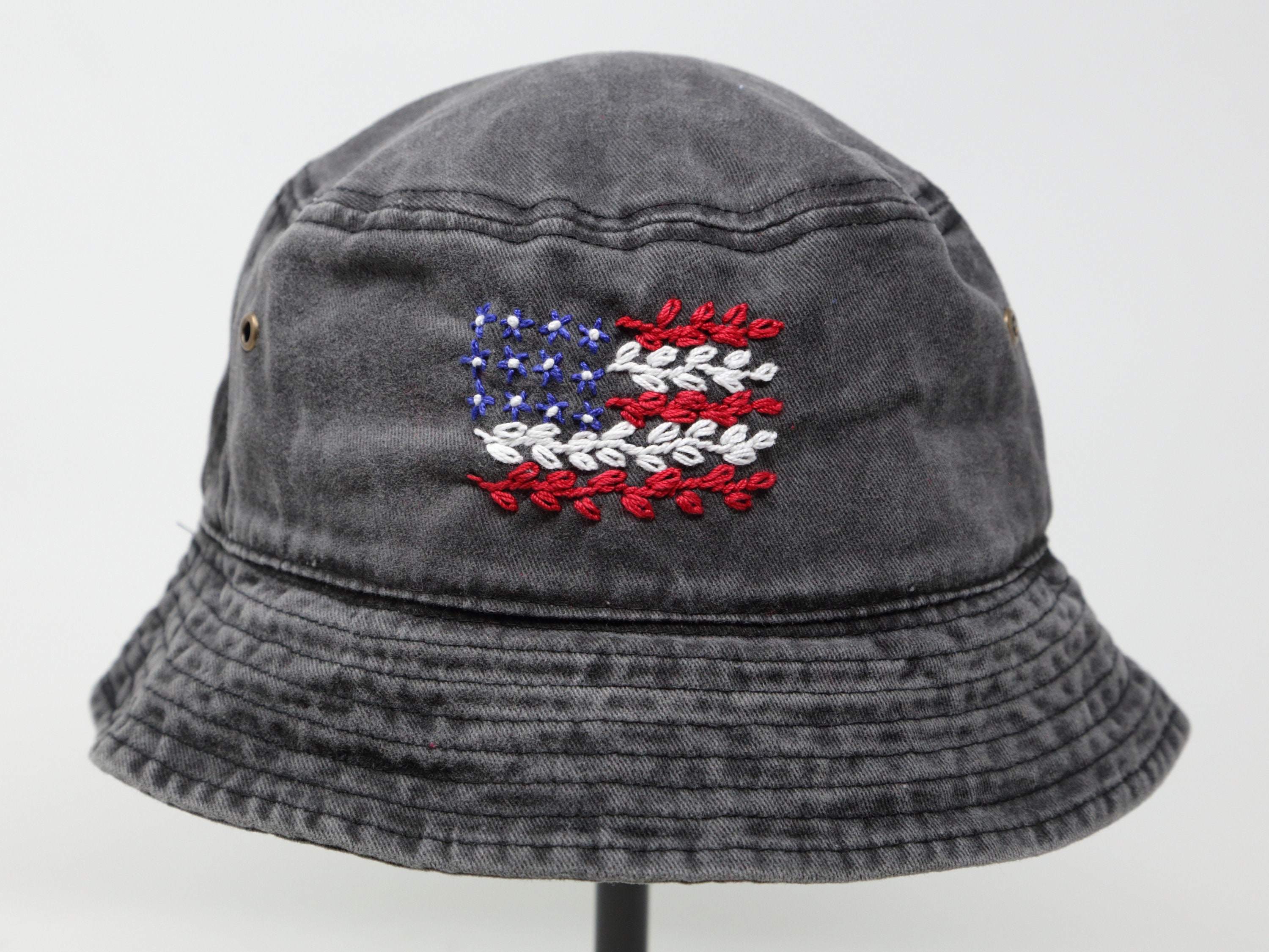 Washed Cotton American Usa Flag Bucket Hat Hand Embroidered Etsy