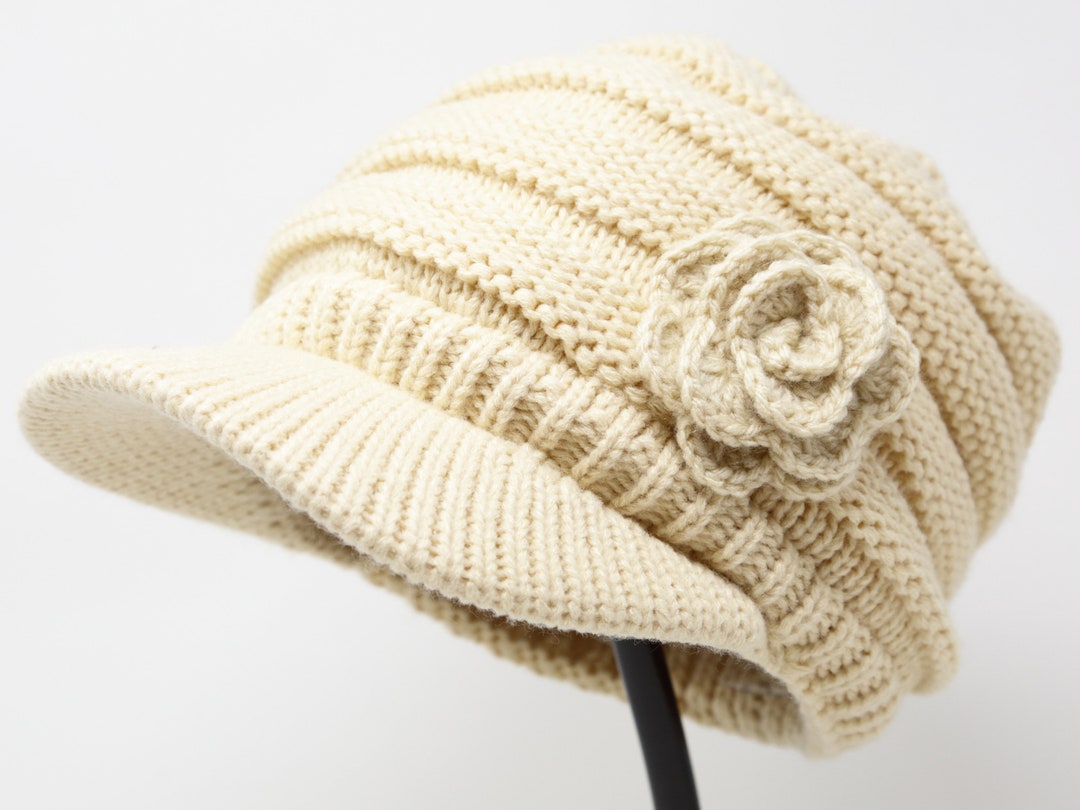 Women's Cable Knit Beanie Visor Cap Hand Crochet Red Rose Flower ...