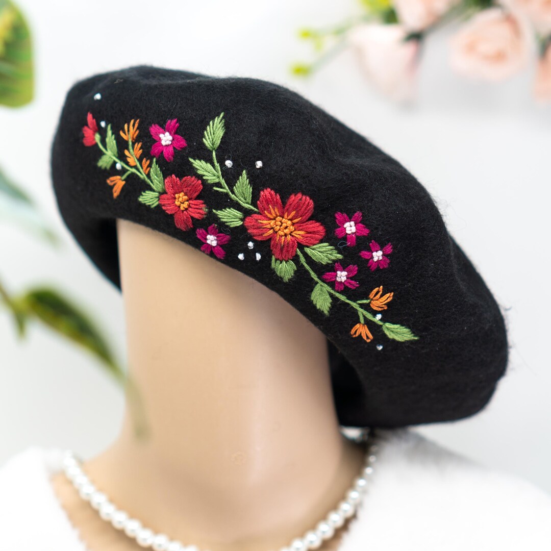 Hand Embroidered Wool French Beret Black | Floral Parisian Hat | Women ...