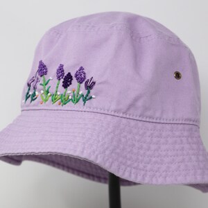 Summer Cotton Bucket Bonnie Hat, Hand Embroidered Lavender Flower Cap ...