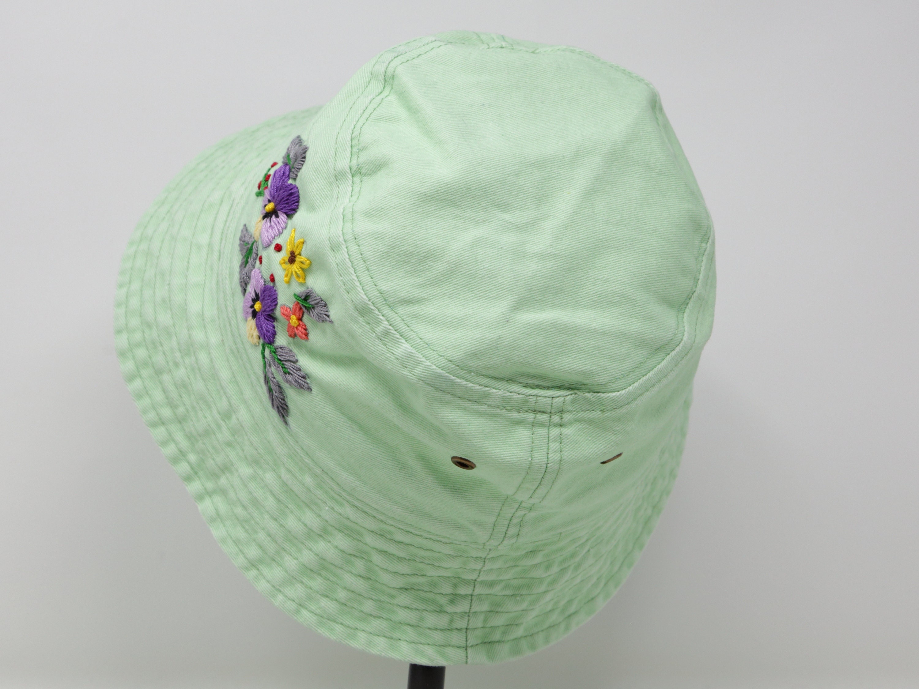 Washed Cotton Bucket Hat Hand Embroidered Flower Cap Short Etsy