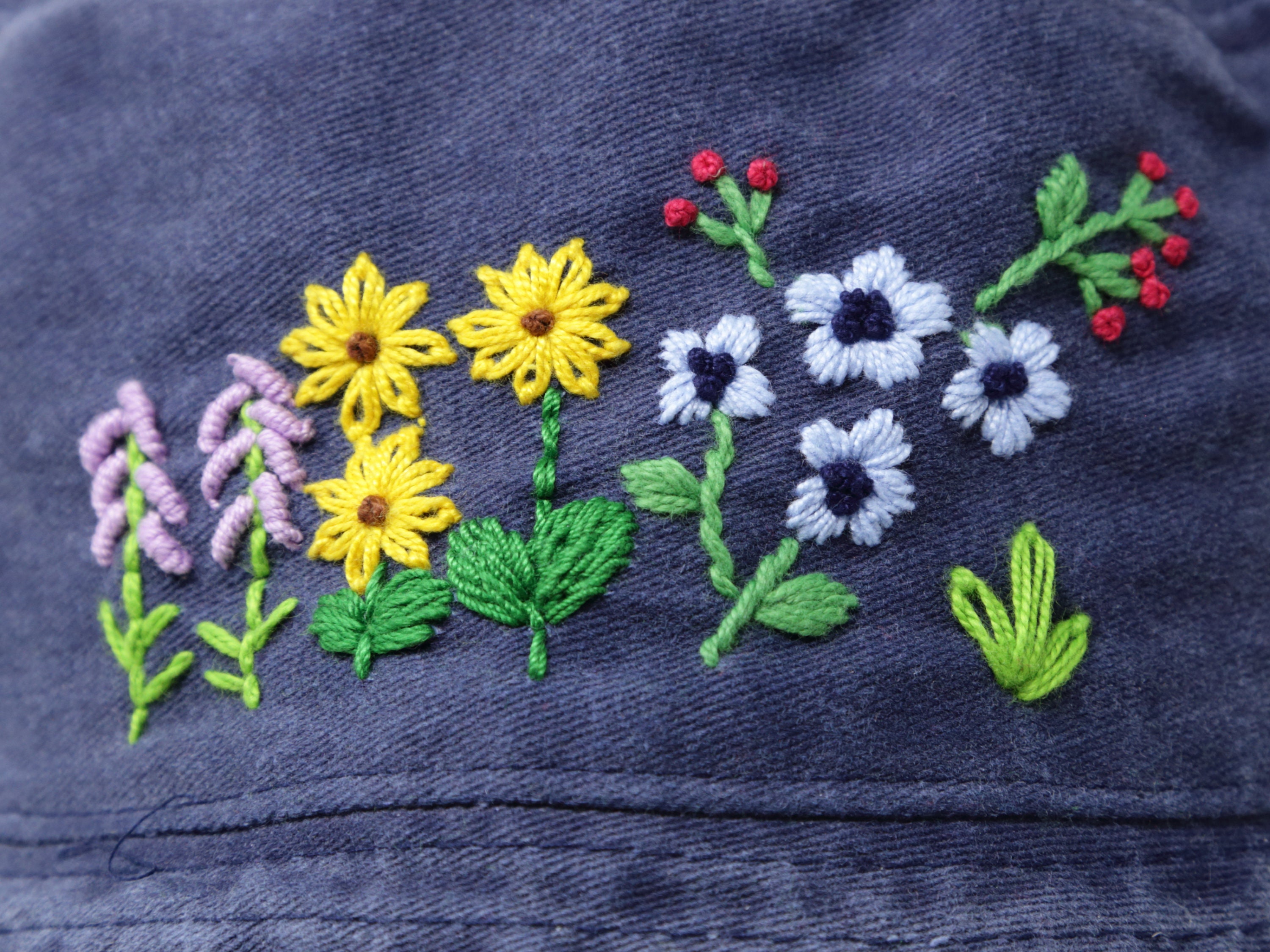 Washed Cotton Bucket Hat Hand Embroidered Flower Cap Short Etsy