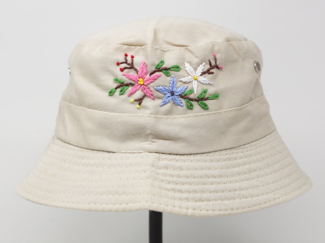 Hand Embroidered Star Flower Bucket Hat, Lightweight Cotton Blend Short ...