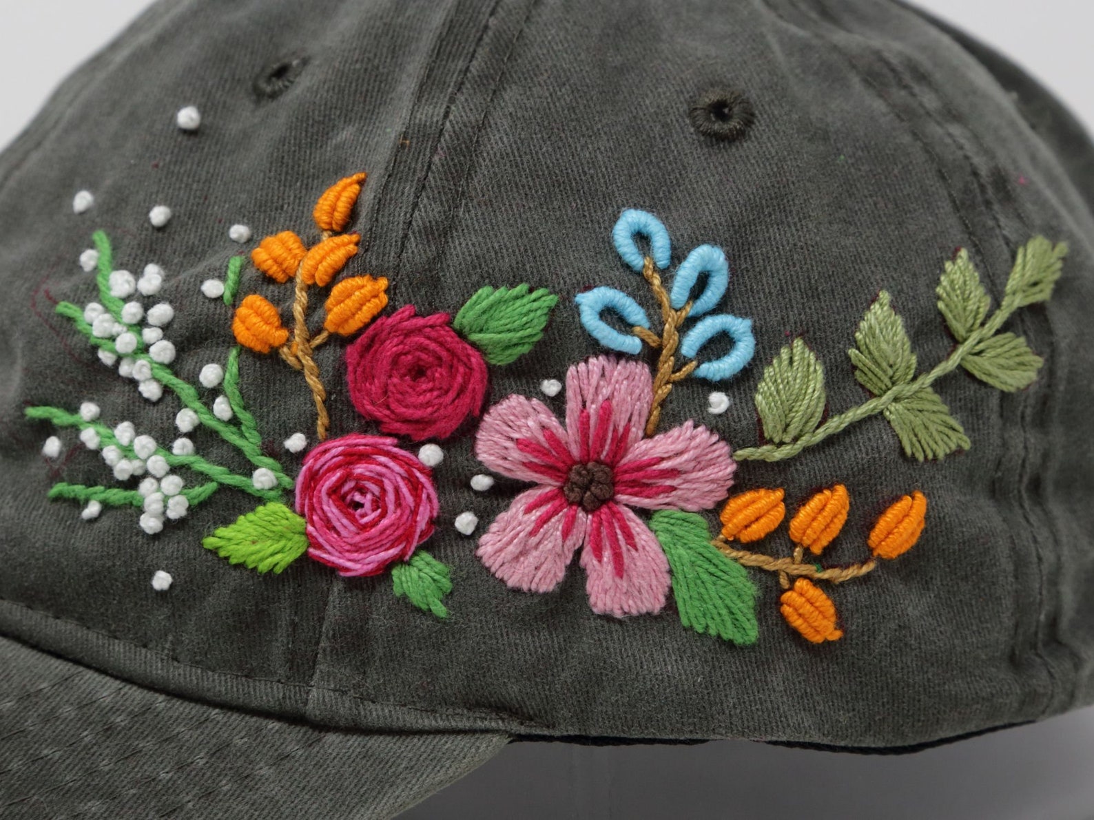 Wash Cotton Baseball Cap Large Hand Embroidered Flower Hat - Etsy