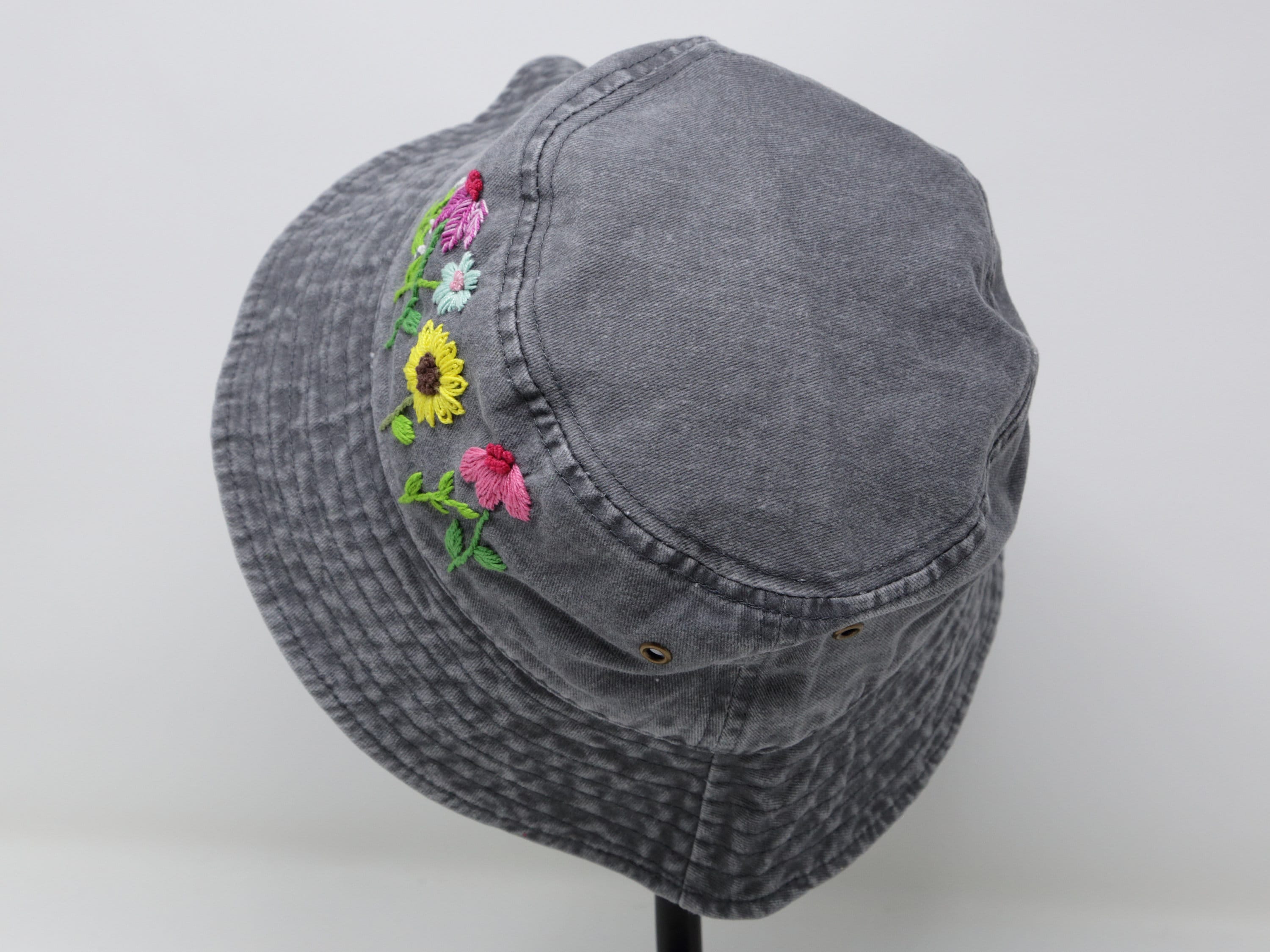 Washed Cotton Bucket Hat Foldable Hand Embroidered Sunflower | Etsy