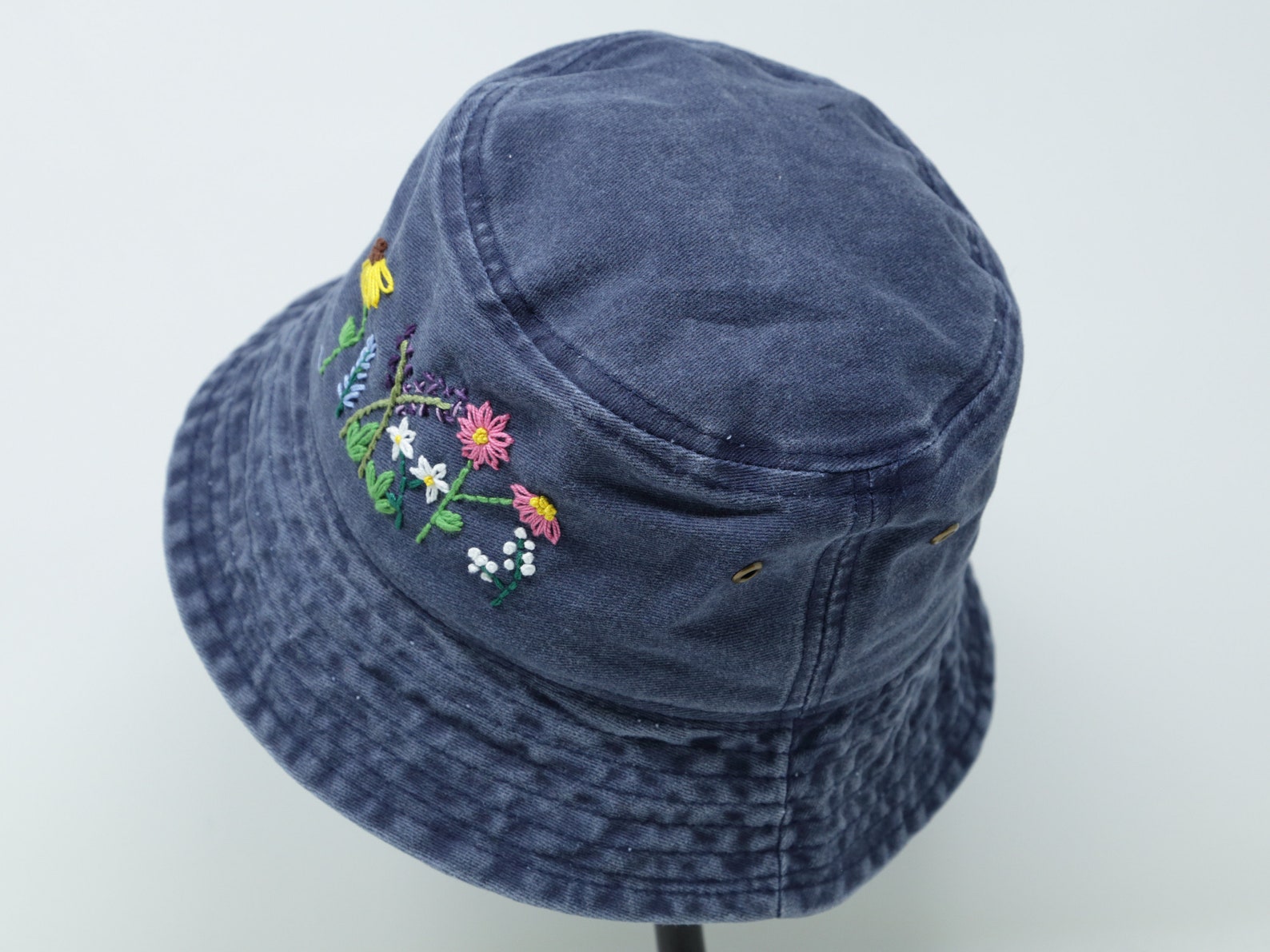 Washed Cotton Bucket Hat Hand Embroidered Flower Cap Short Etsy