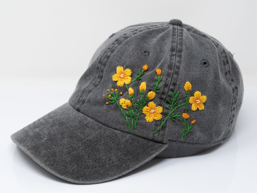 Unique Hand Stitched Yellow Daisy Floral Baseball Cap | 100% Cotton Hat ...