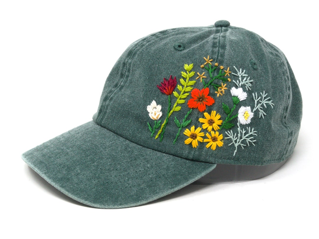Rustic Embroidered Flower Cotton Cap Washed Green - Distressed Denim ...