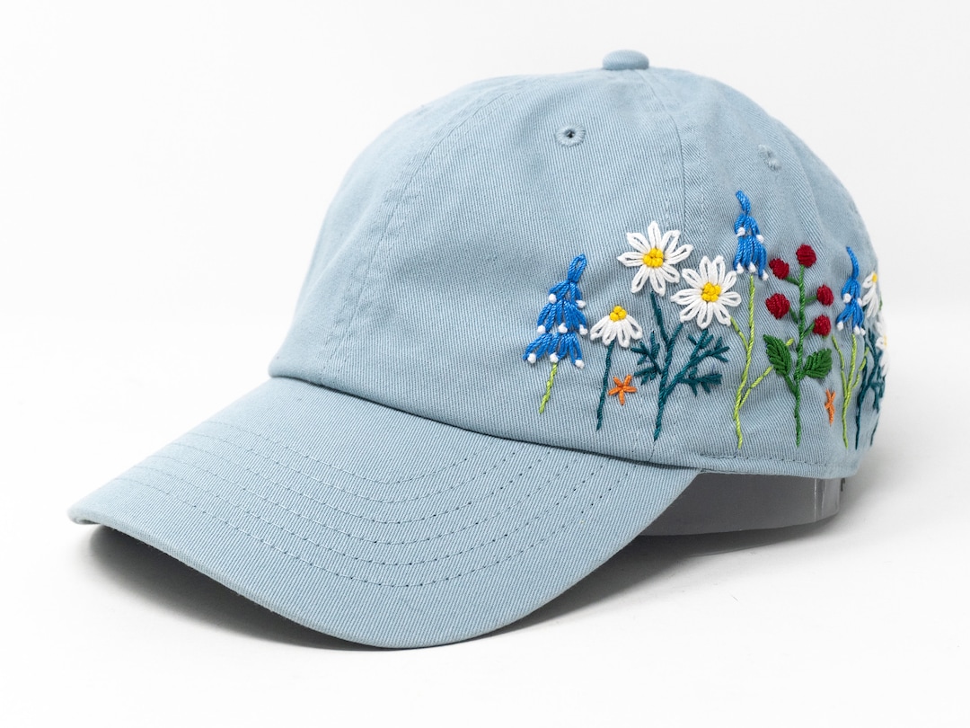 Garden Couture: Hand-embroidered Floral Faded Light Blue Baseball Cap ...