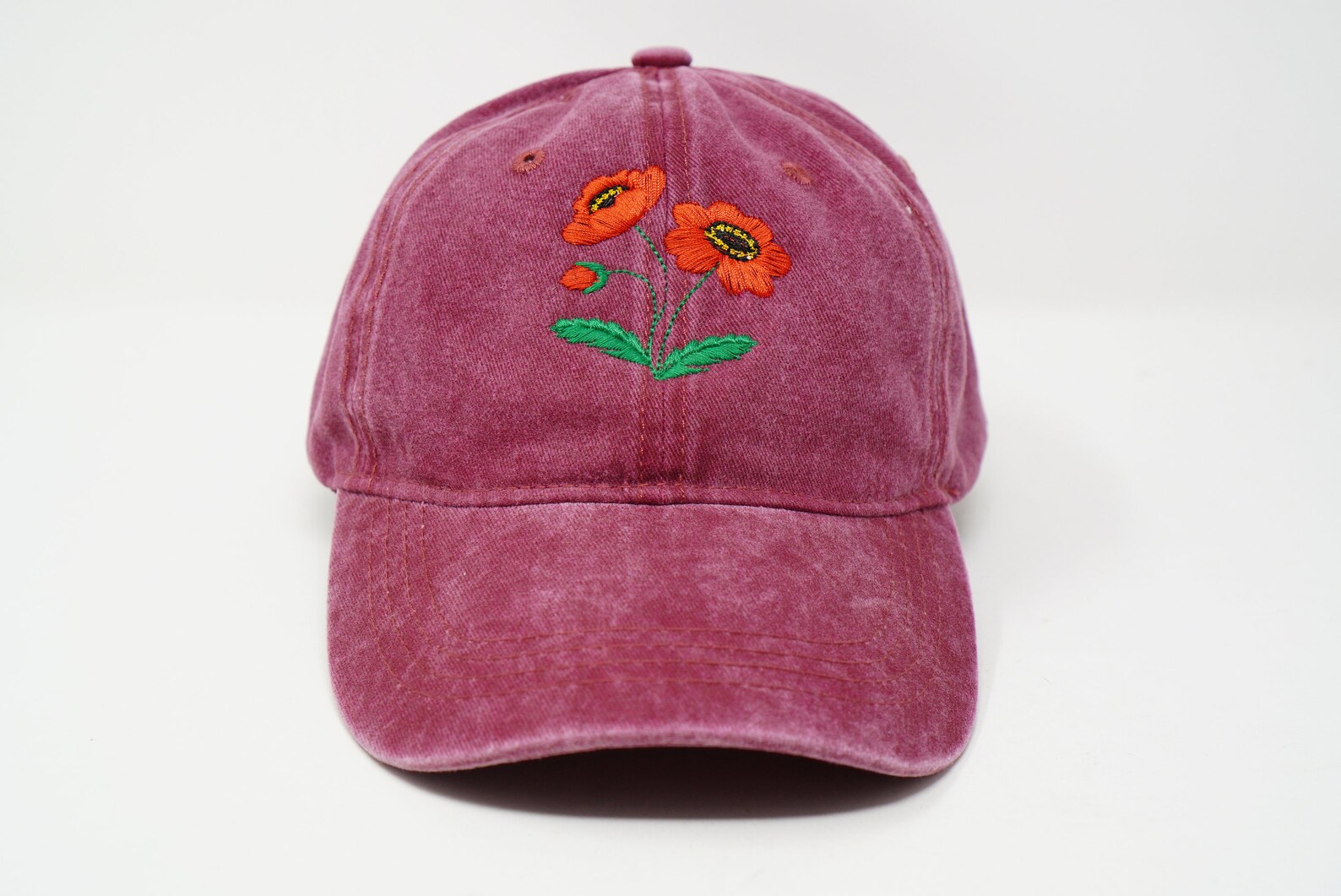 Red Poppy Flower Embroidered Baseball Cap, Washed Cotton Curve Brim ...