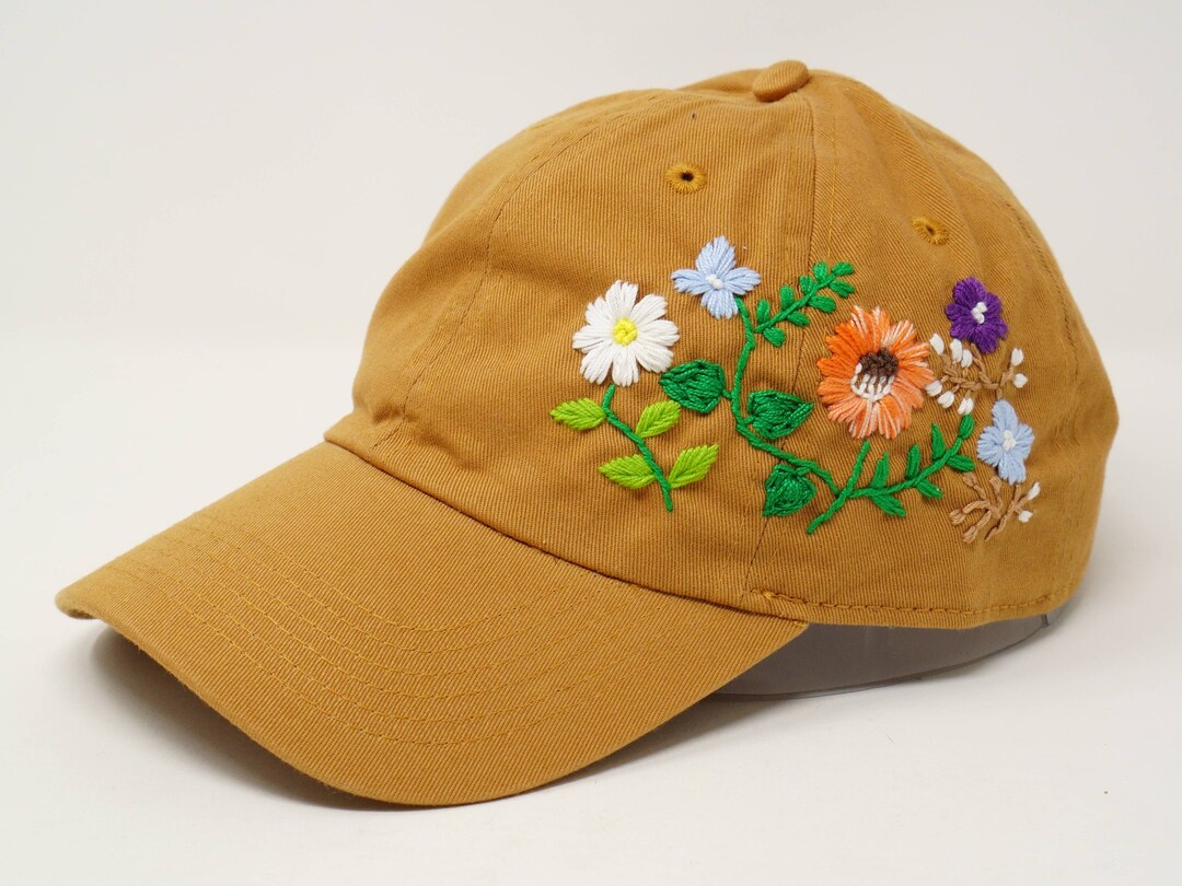 Wash Cotton Mustard Brown Baseball Cap, Hand Embroidered Flower Hat ...