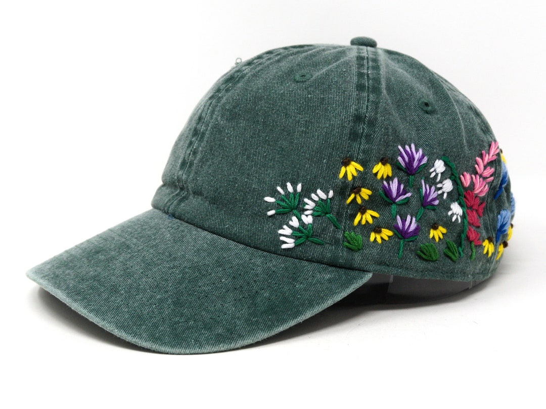 Floral Embroidery Cotton Baseball Cap Washed Green - Vibrant Colors and ...