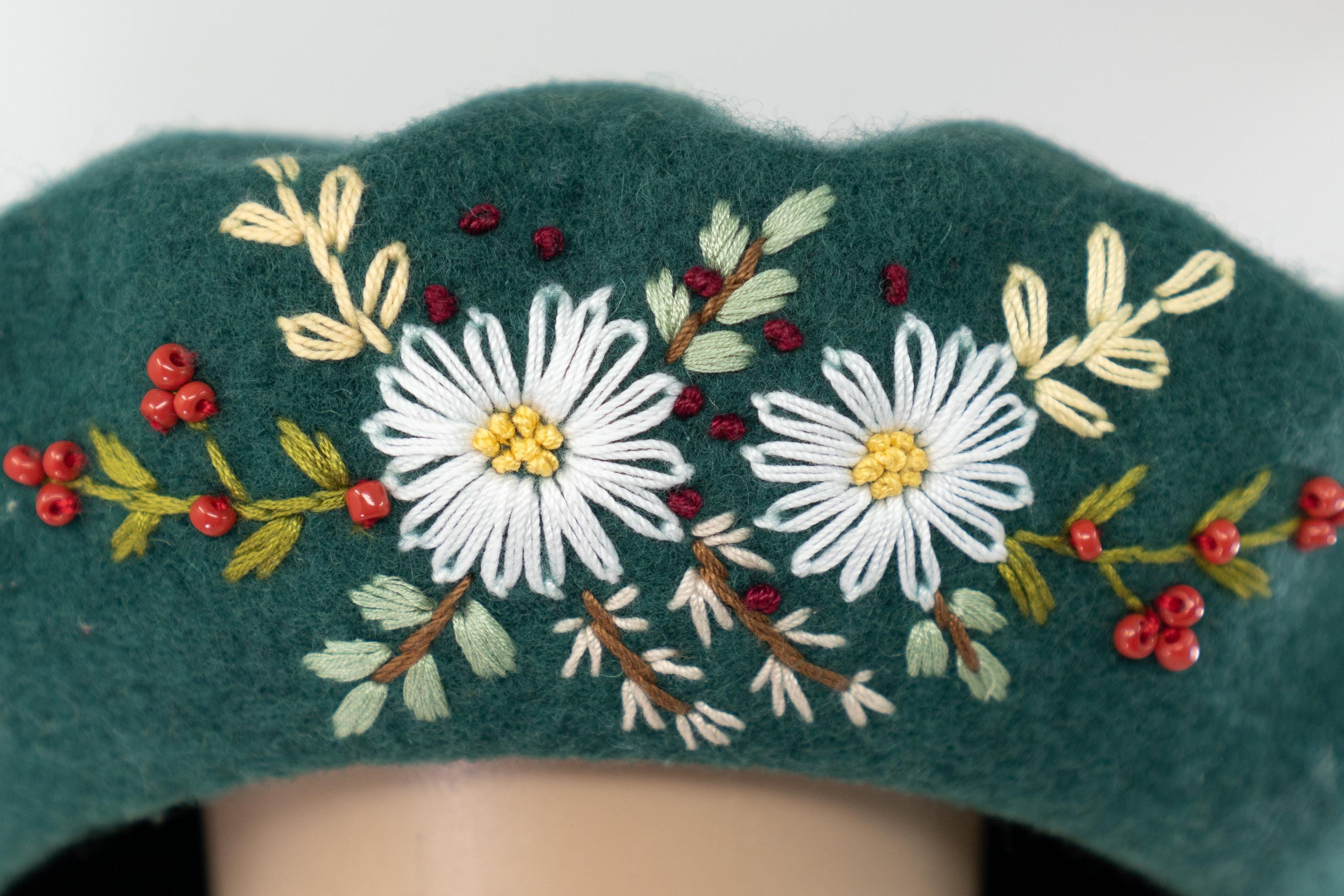 Hand Embroidered French Beret With Floral Design - 100% Wool Premium ...