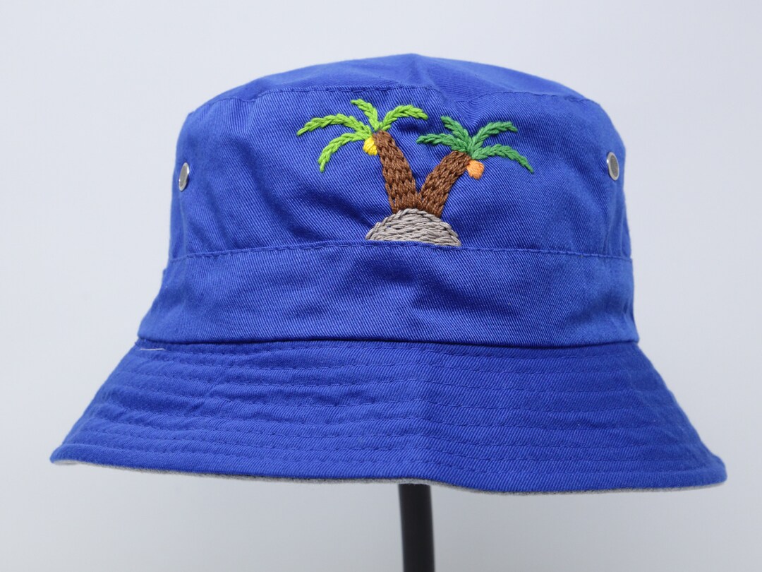 Hand Embroidered Cocnut Palm Tree Bucket Hat, Lightweight Foldable ...