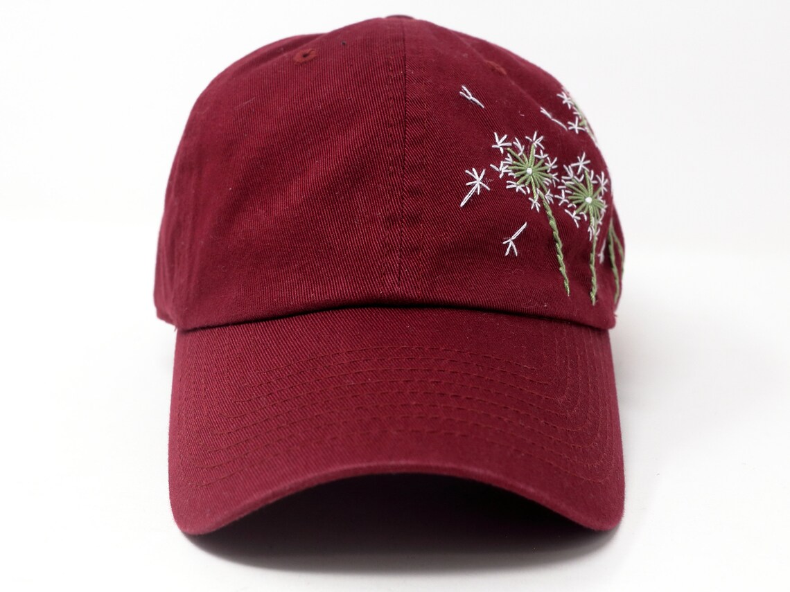 Wash Cotton Baseball Cap, Hand Embroidered Dandelion Garden Hat, Curved ...