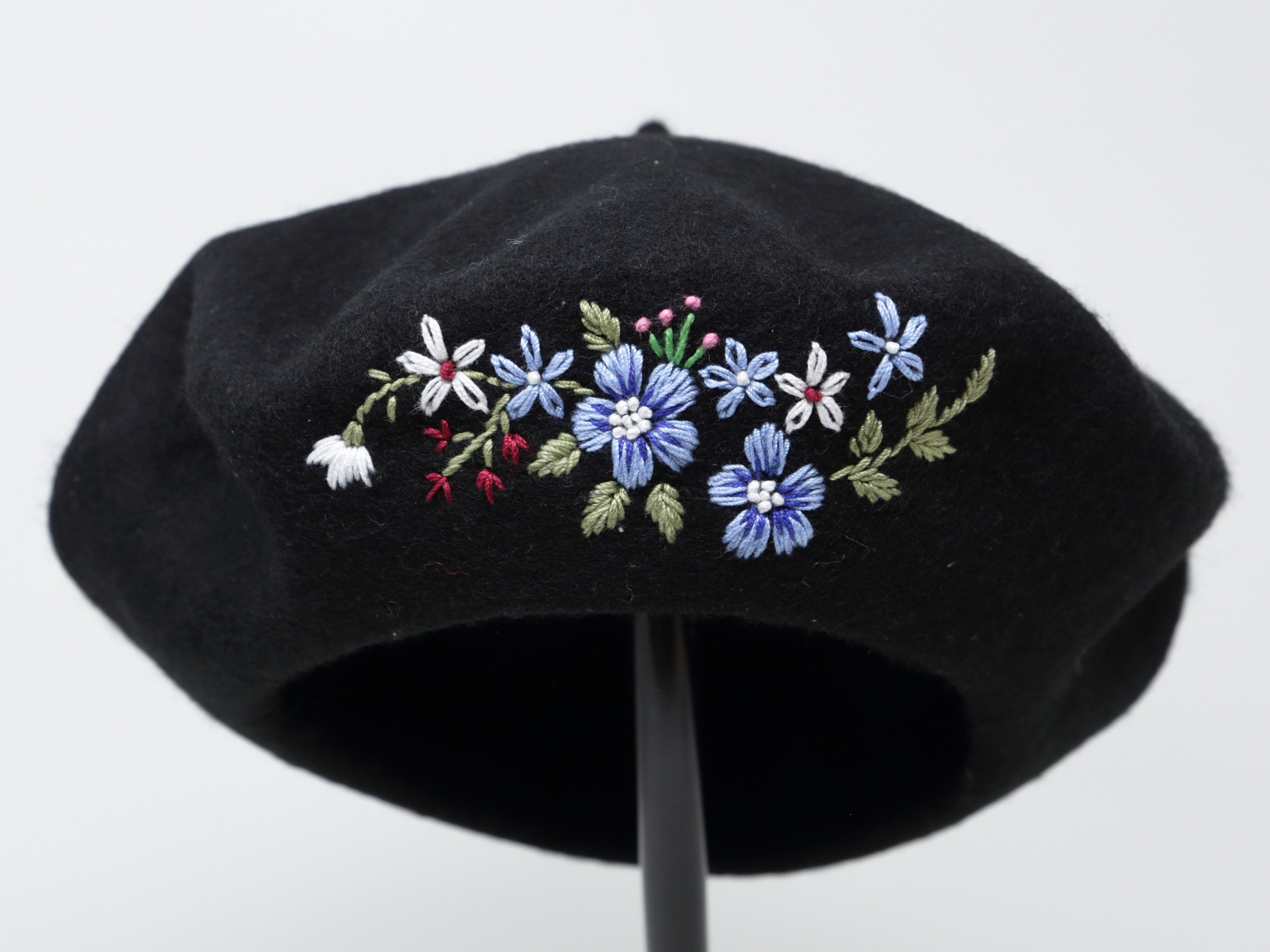 French Wool Beret Hat Cute Hand Embroidered Blue Flower | Etsy