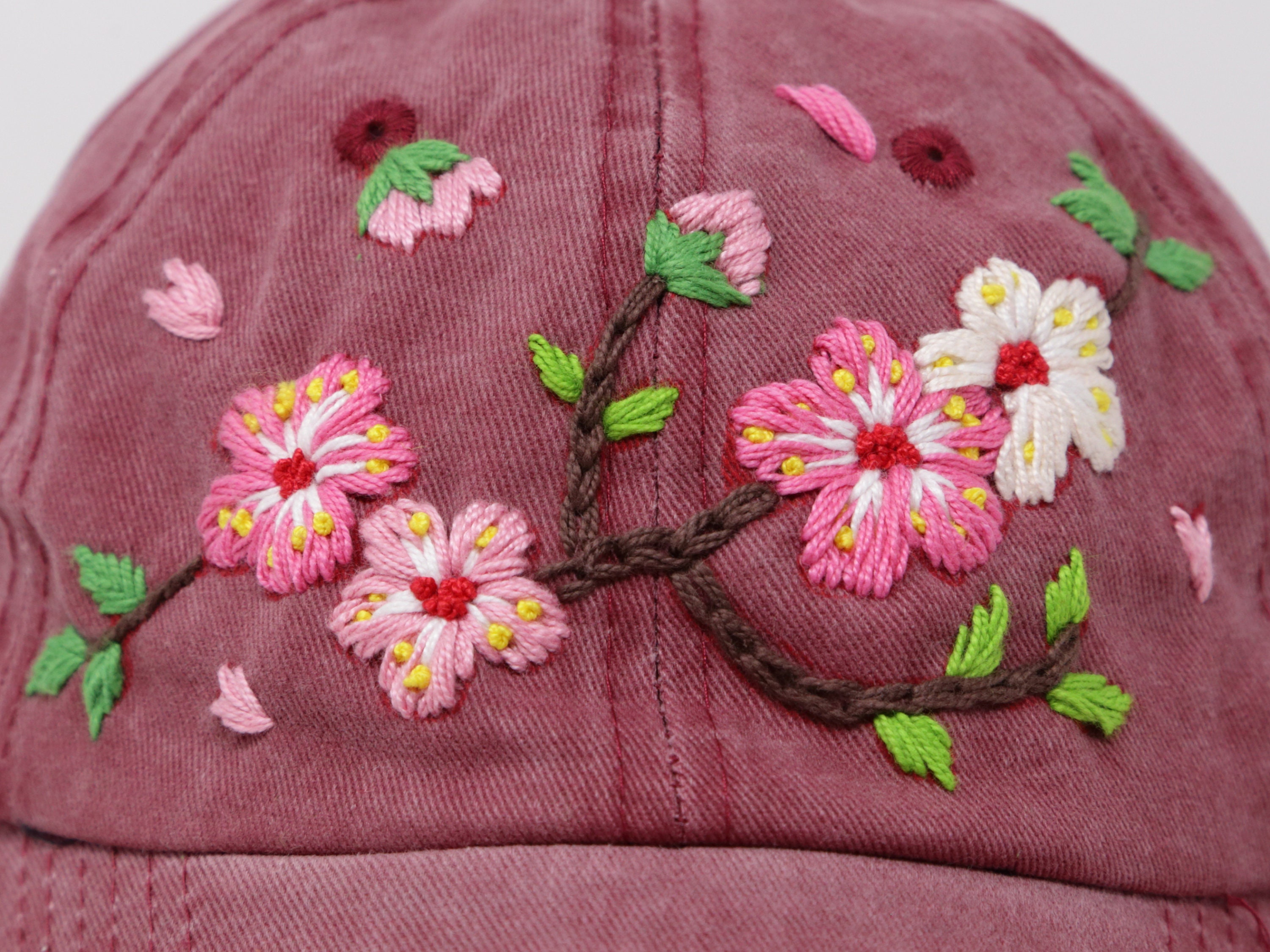 Wash Cotton Baseball Cap Hand Embroidered Flower Hat Cherry | Etsy