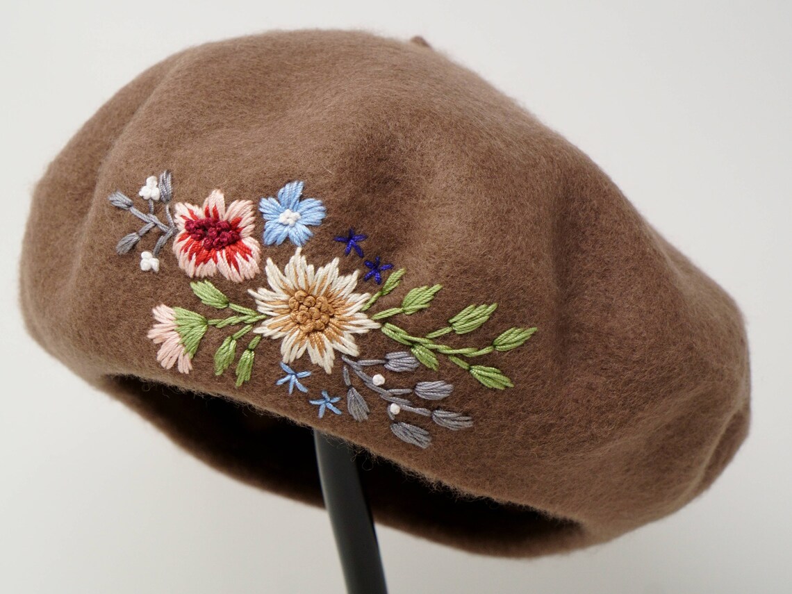 Handmade Hand Embroidered Brown Beret Wild Flower 100% Wool Beret Hat ...