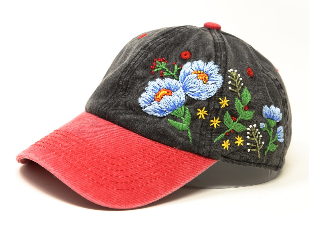 Wash Cotton Baseball Cap, Hand Embroidered Blue Flower Hat, Curved Brim ...