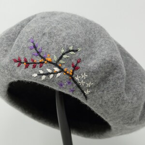 Handmade Hand Embroidered Autumn Leaf Flower 100% Wool Beret Hat, Warm ...