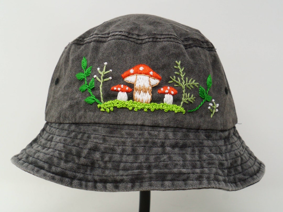 Washed Cotton Hand Embroidered Bucket Hat Hand Embroidered Mushroom