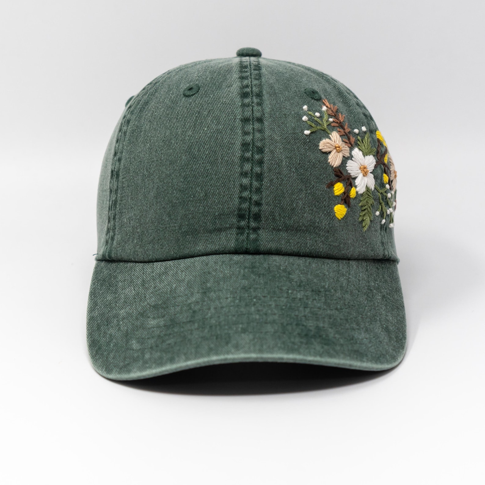 Boho Floral Embroidered Green Baseball Cap – Cute Wildflower Design ...
