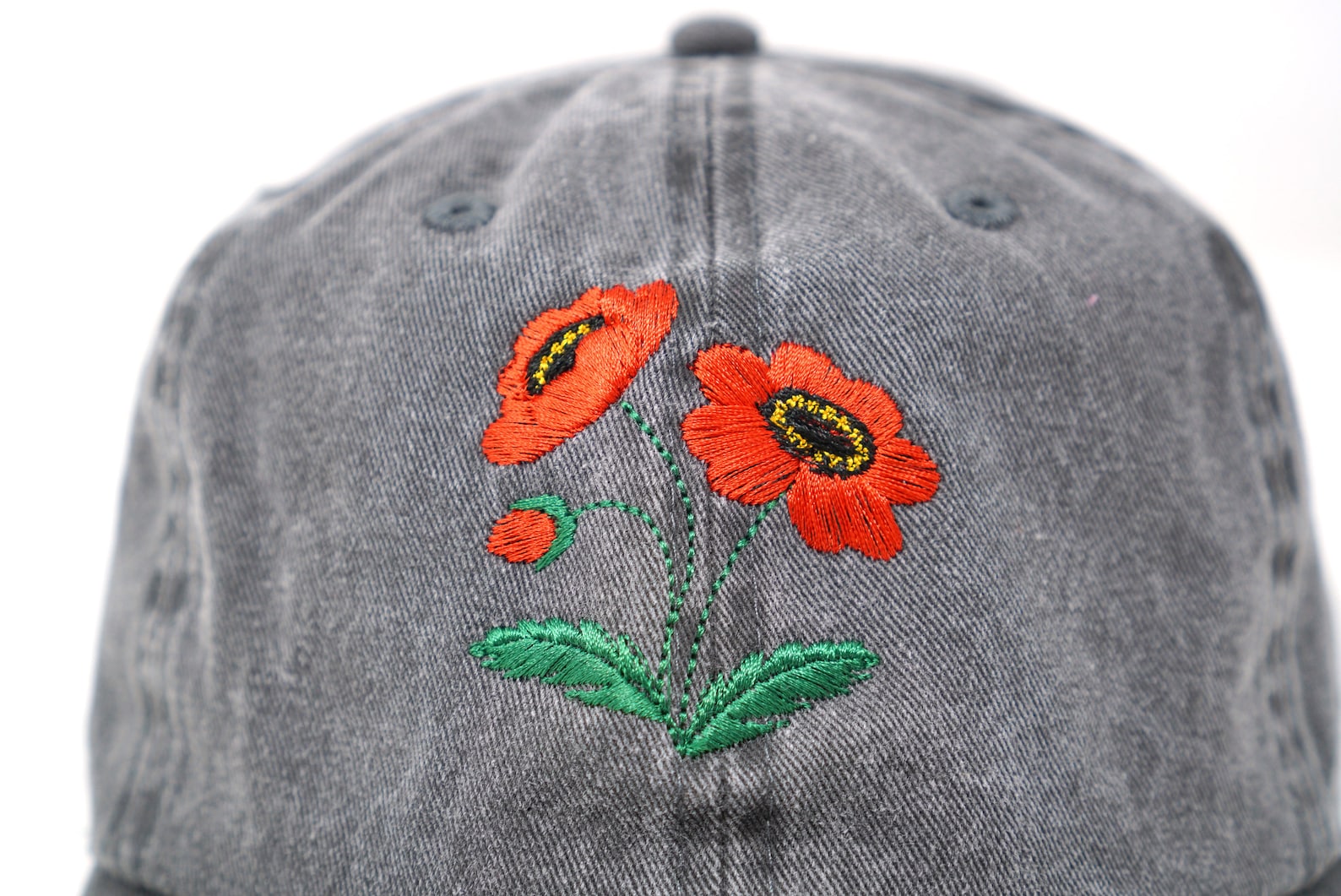Red Poppy Flower Embroidered Baseball Cap, Washed Cotton Curve Brim ...