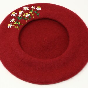 100% Wool Beret Hat, Winter French Cap W/ Hand Embroidered Flower ...