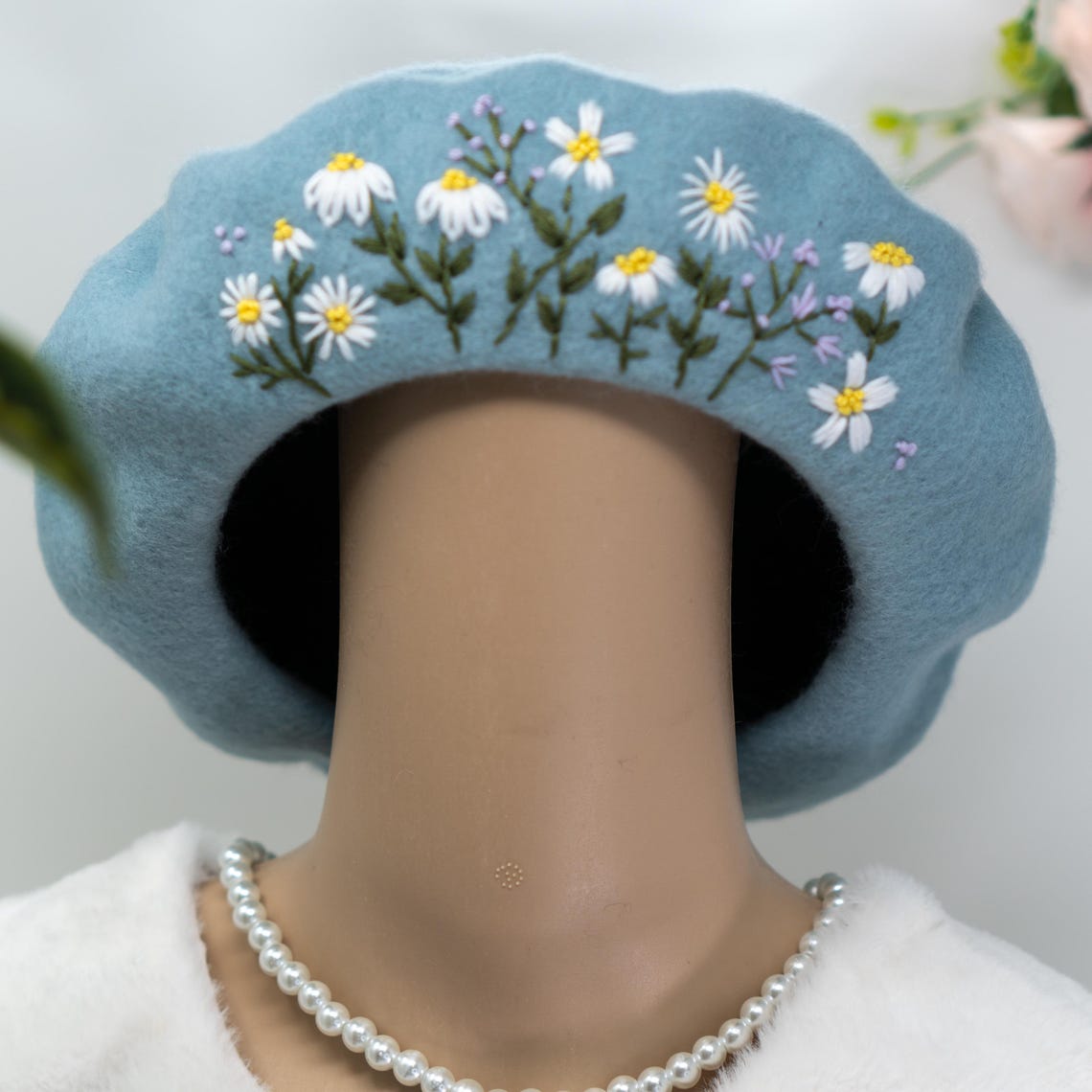 Modern Style Embroidered French Beret Sky Blue | Wool Daisy Flower Hat ...