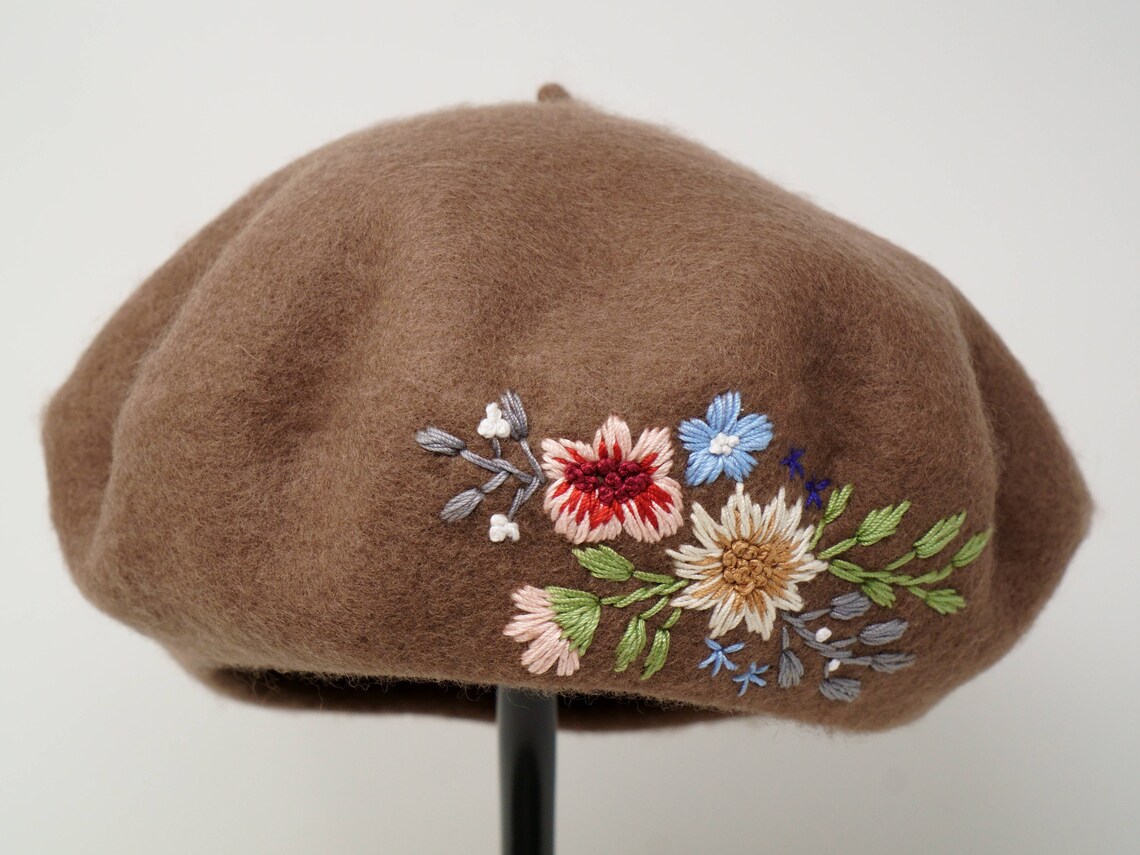 Handmade Hand Embroidered Brown Beret Wild Flower 100% Wool Beret Hat ...