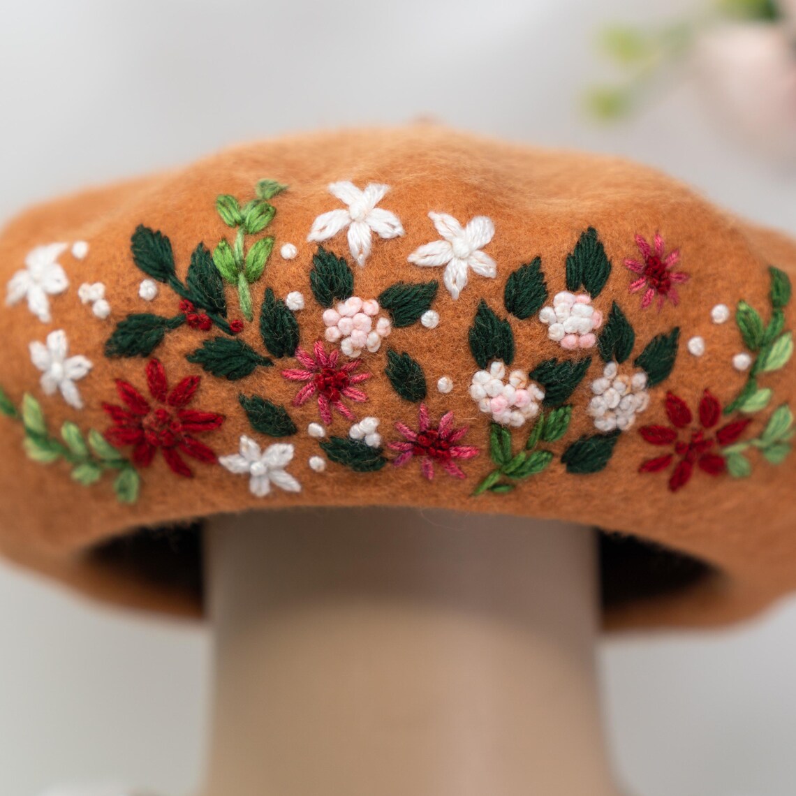 Hand Embroidered Wool French Beret With Floral Accent | Pumpkin Artisan ...