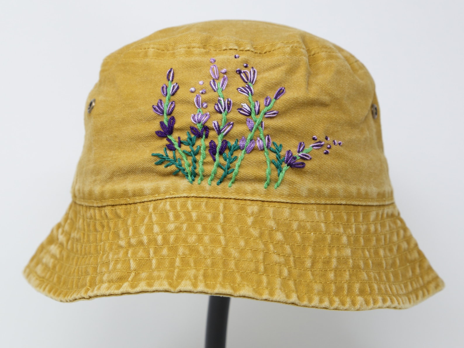 Washed Cotton Bucket Hat, Hand Embroidered Lavender Purple Wild Flower ...