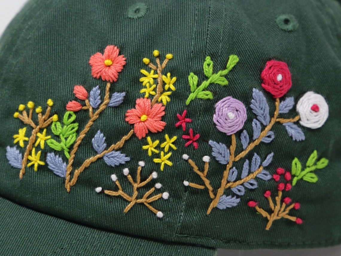Hand Embroidered Flower Garden Cotton Baseball Cap, Hand Embroidered ...
