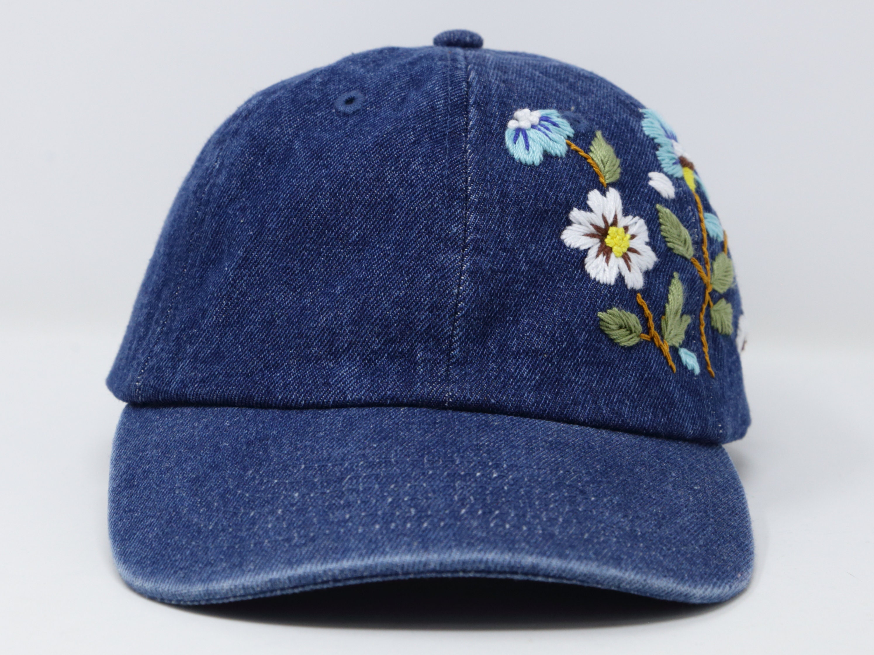 Hand Embroidered Flower Demin Jean Cotton Baseball Cap Hand - Etsy