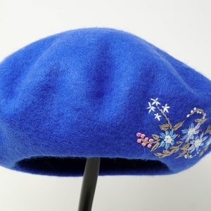 Handmade Hand Embroidered Blue Flower 100% Wool Beret Hat, Warm Winter ...