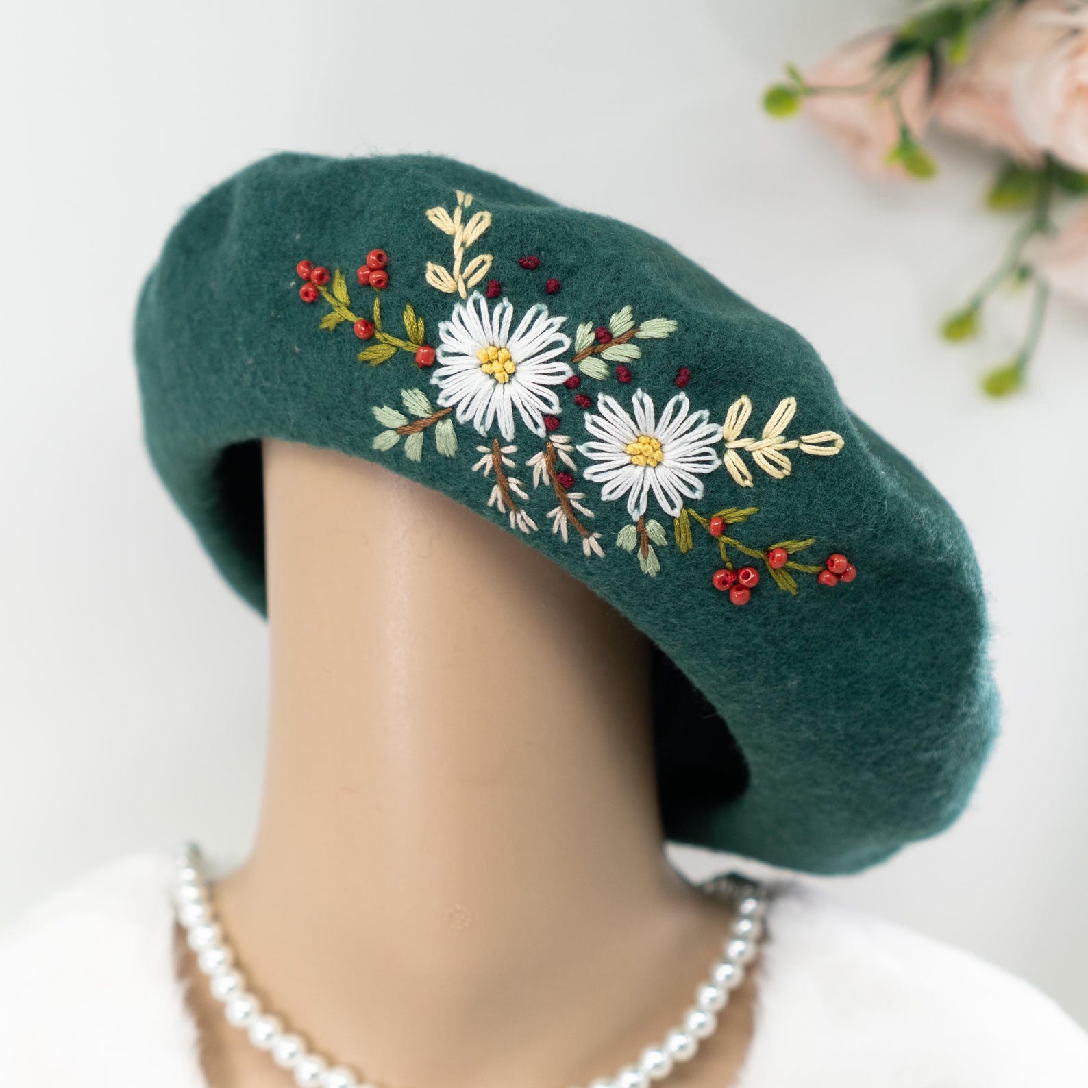 Hand Embroidered French Beret With Floral Design - 100% Wool Premium ...