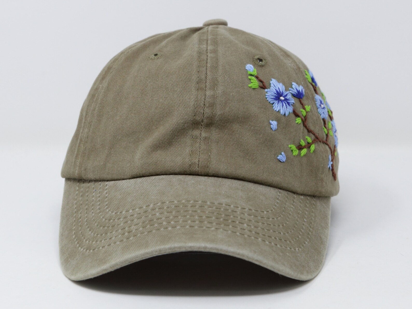 Wash Cotton Baseball Cap Hand Embroidered Green Flower Hat - Etsy