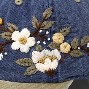 Embroidered Flower Cotton Cap Blue Beige - One-of-a-kind Hat With ...