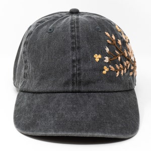 Golden Blooms on Beige: Hand Embroidered Washed Baseball Cap With Khaki ...