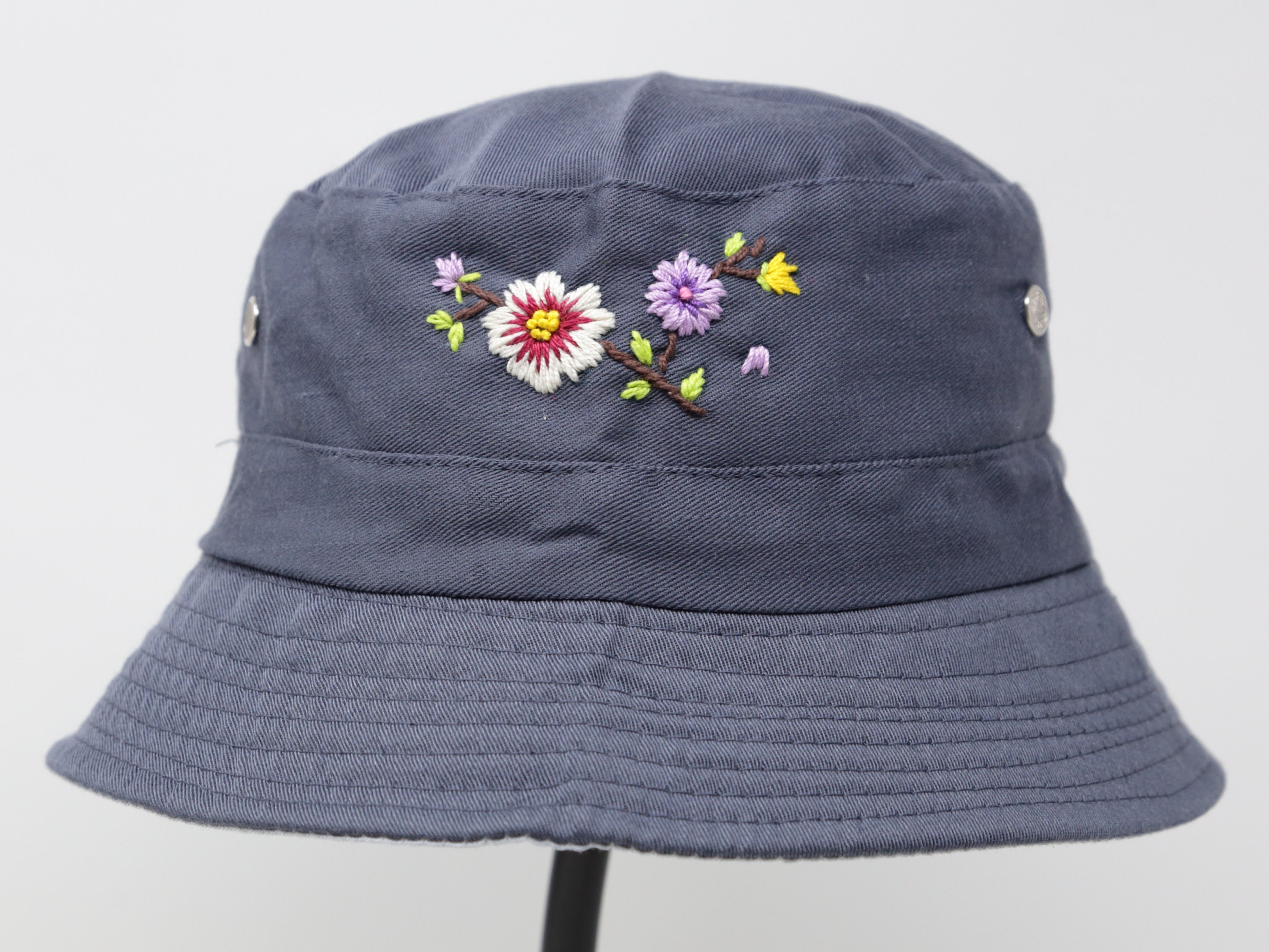 Hand Embroidered Flower Branch Bucket Hat Lightweight Cotton Etsy