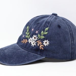 Flower Embroidered Cotton Baseball Cap, Hand Embroidered Daisy Fern ...