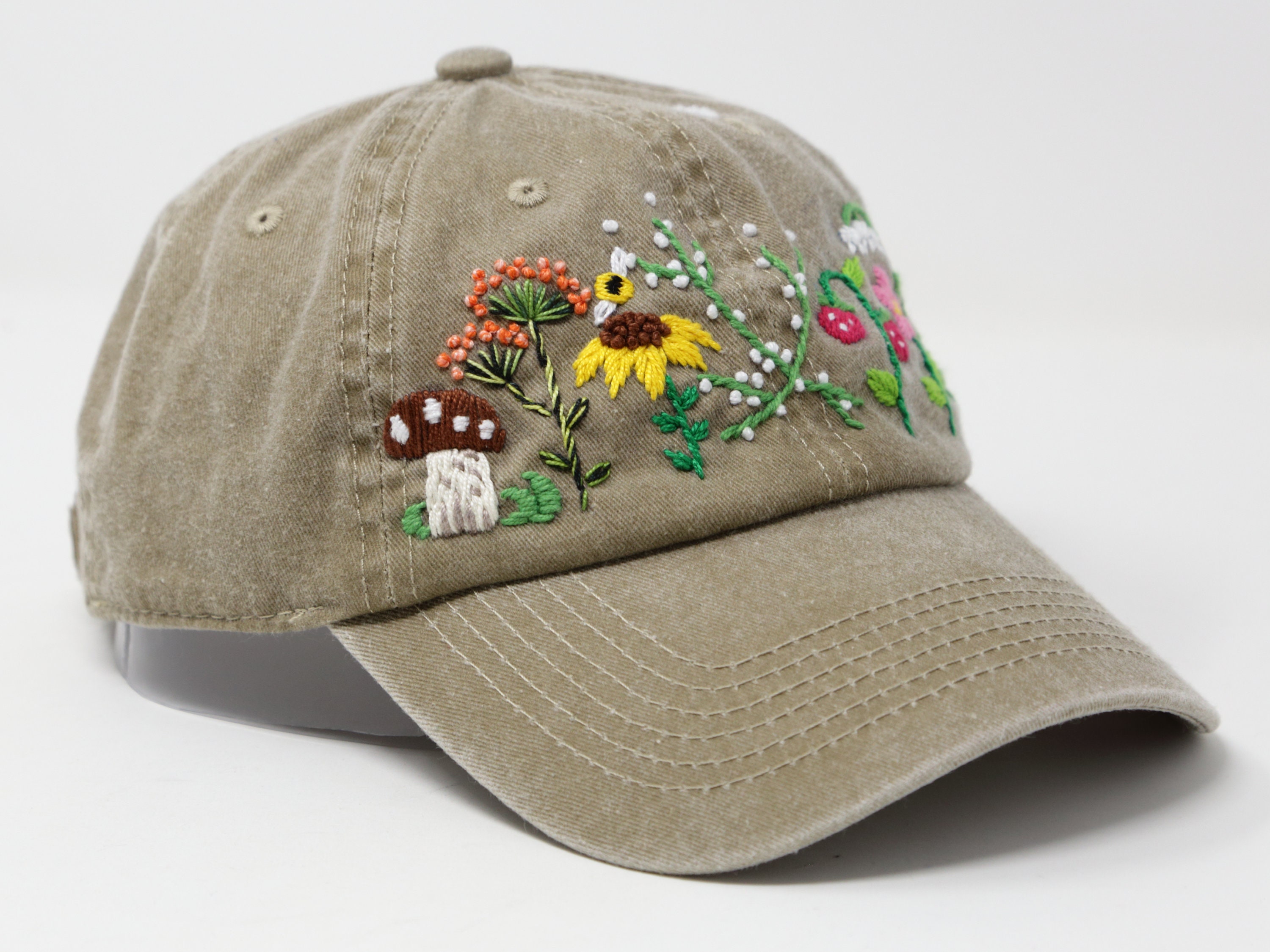 Wash Cotton Baseball Cap Large Hand Embroidered Mushroom - Etsy