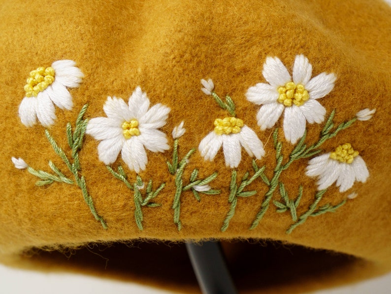 Handmade Hand Embroidered Mustard Yellow Beret Wild White Daisy Flower ...