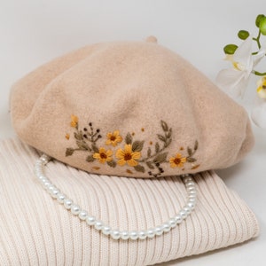 Chic Wool Beige Beret Adorned With Hand-stitched Cute Floral Design ...