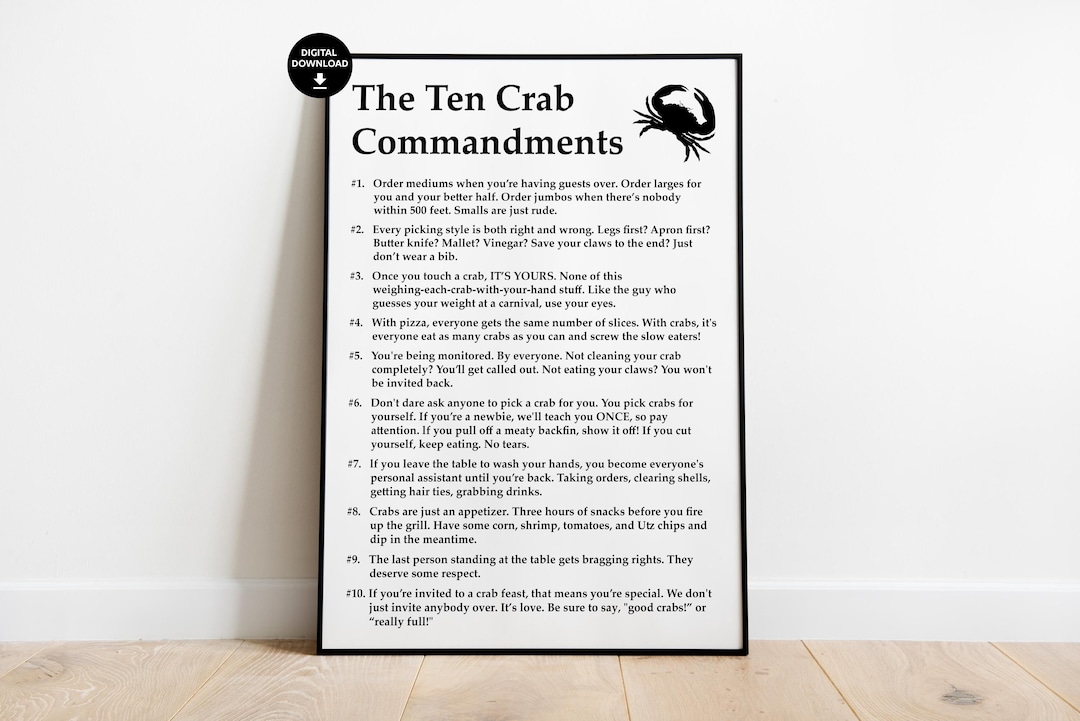The Ten Crab Commandments - Printable Wall Art for Crab Lovers | Funny ...