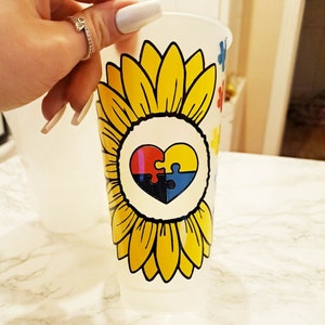 Autism Awareness 24oz Plastic Tumbler, Autism Mam Cold Cup, Sunflower ...