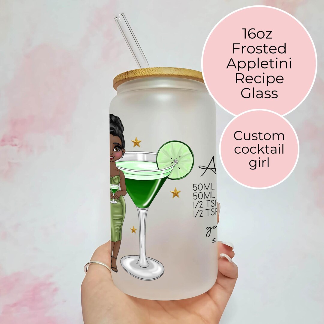 16oz Frosted Glass Can, Appletini Cocktail Themed Custom Character ...